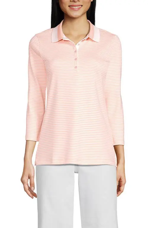 LANDS' END 3/4 Sleeve Supima Cotton Polo Shirt - Crisp Peach Stripe/tipped