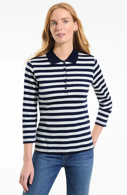 LANDS' END 3/4 Sleeve Supima Cotton Polo Shirt - Deep Sea/blue Multi Stripe