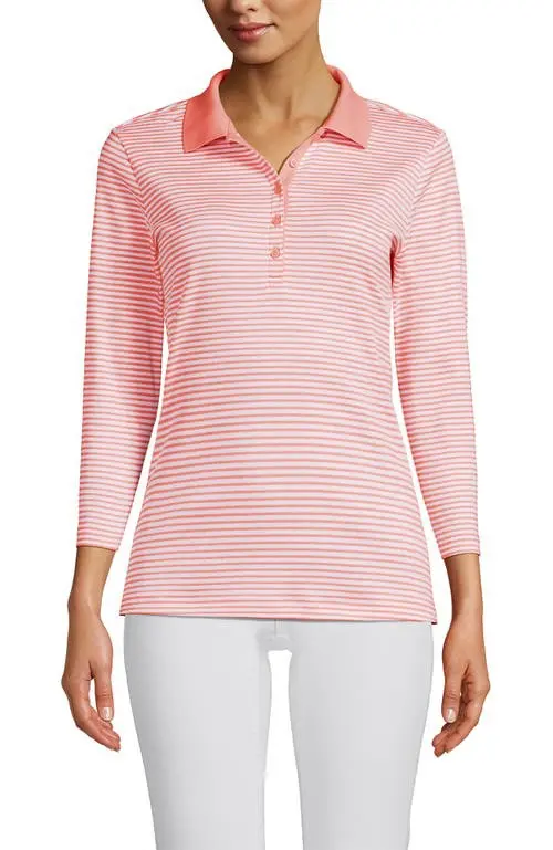 LANDS' END 3/4 Sleeve Supima Cotton Polo Shirt - Sunset Coral Pink Micro Stripe