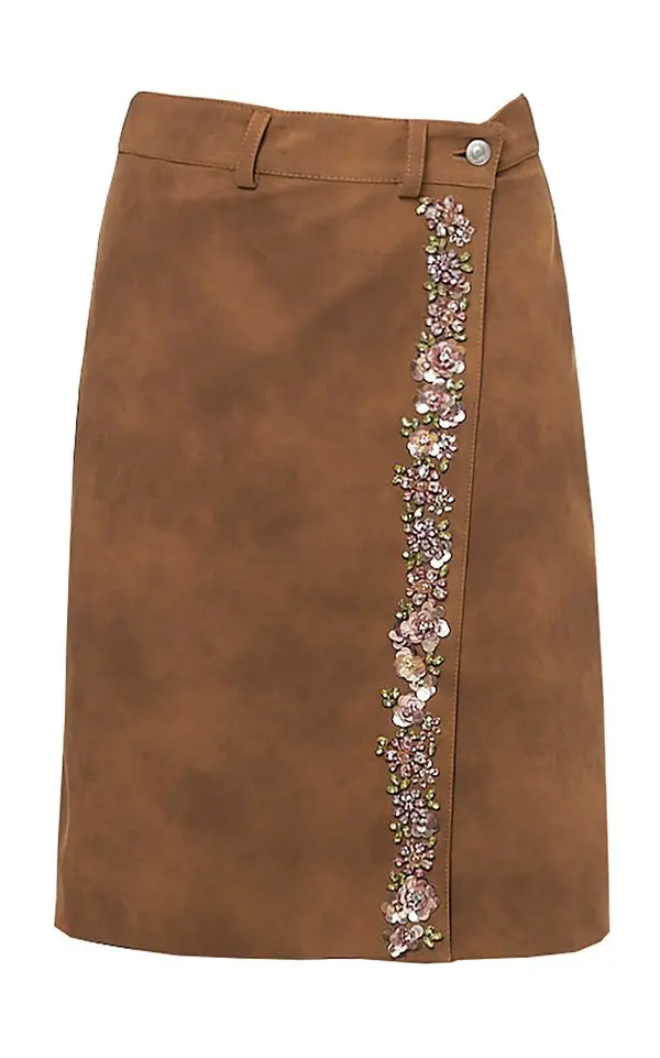 DES_PHEMMES Embroidered Faux Suede Wrap Skirt - Tan