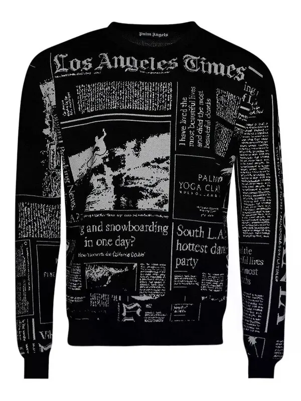 Palm Angels Newspaper Print Crew-neck Sweater - Black