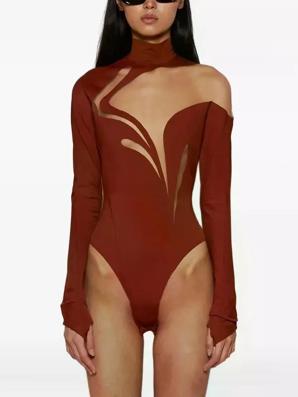 MUGLER High-neck Long-sleeve Bodysuit - Brown
