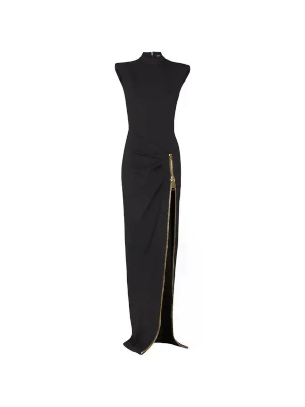 Balmain Long Jersey Dress With Leg Slit And Oversized Gold Zip - Black