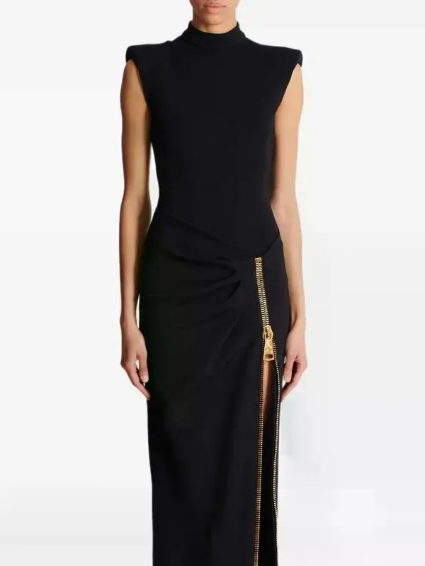 Balmain Long Jersey Dress With Leg Slit And Oversized Gold Zip - Black