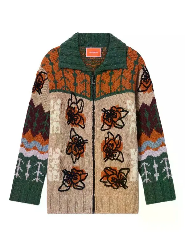 La DoubleJ Floral-embroidered Zip-up Cardigan - Neutrals