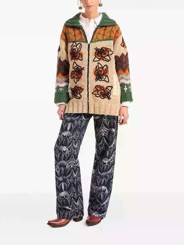 La DoubleJ Floral-embroidered Zip-up Cardigan - Neutrals