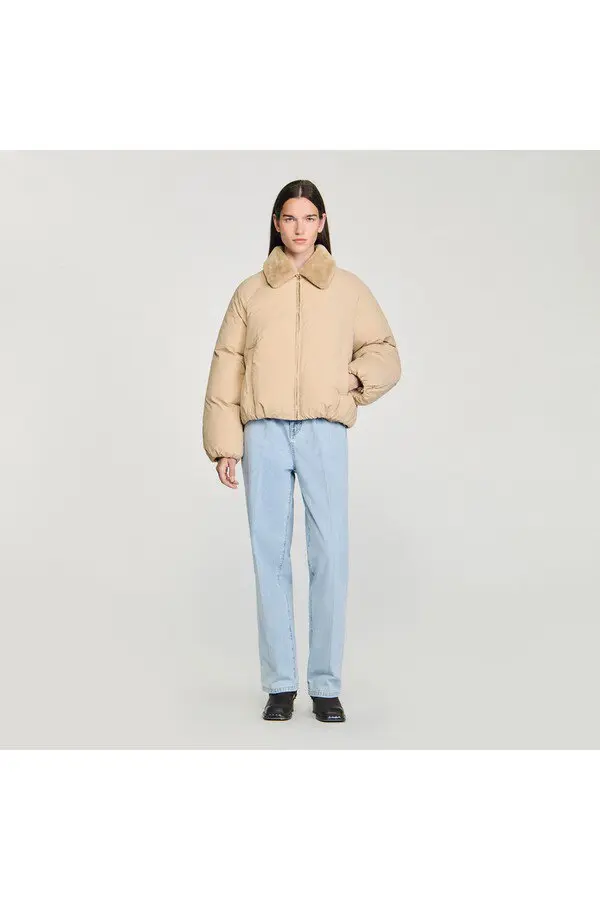 Sandro Puffer Jacket With Faux Shearling Collar - Brown / Neutral