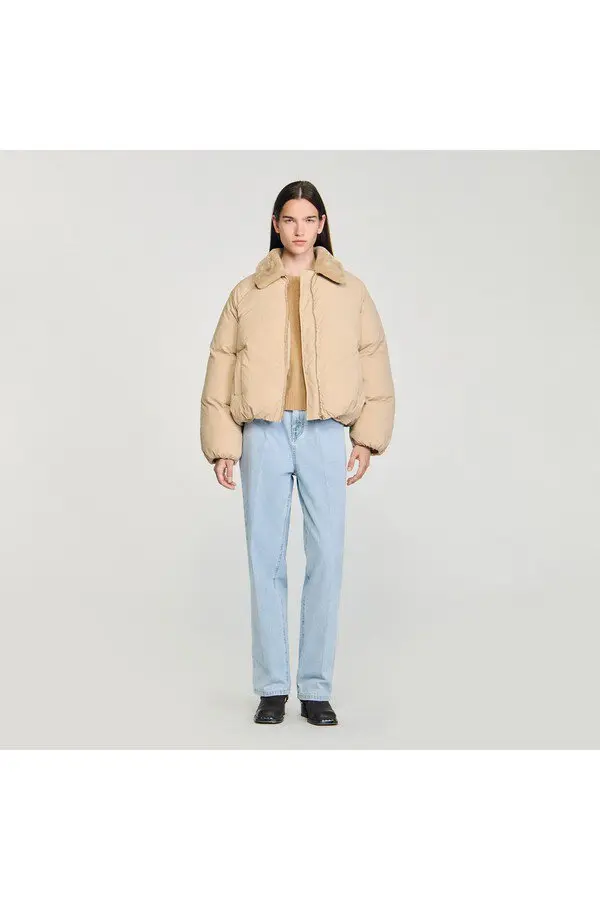 Sandro Puffer Jacket With Faux Shearling Collar - Brown / Neutral