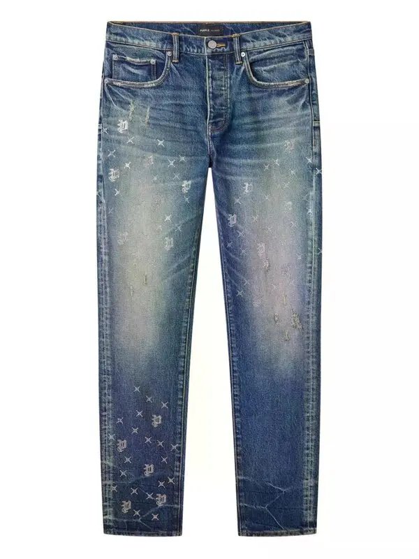 PURPLE BRAND P005 Monogram Bling Embroidered Distressed Jeans