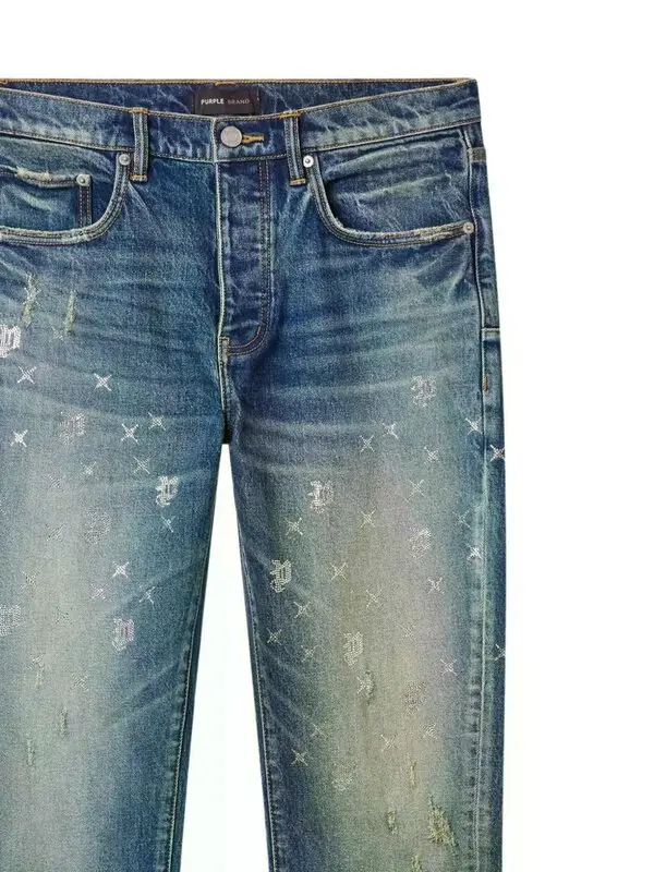 PURPLE BRAND P005 Monogram Bling Embroidered Distressed Jeans