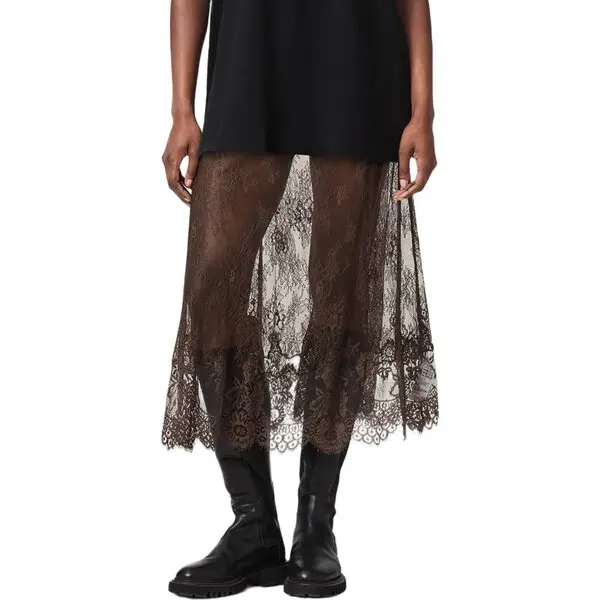ALLSAINTS Arran Sheer Lace Maxi Skirt - Bitter Brown