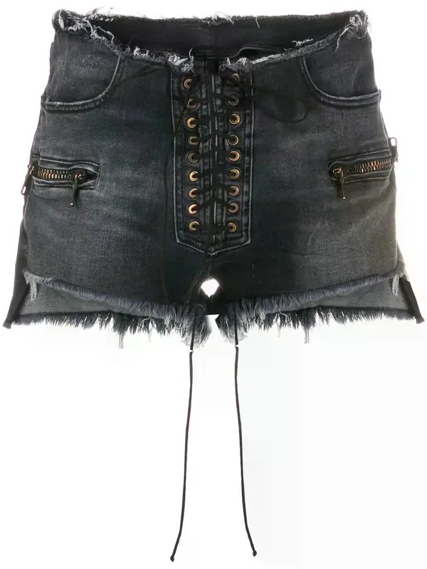 BEN TAVERNITI UNRAVEL PROJECT Frayed Lace-up Denim Shorts - Black