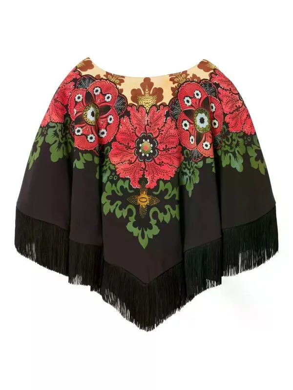 La DoubleJ Floral-print Fringed Poncho - Brown