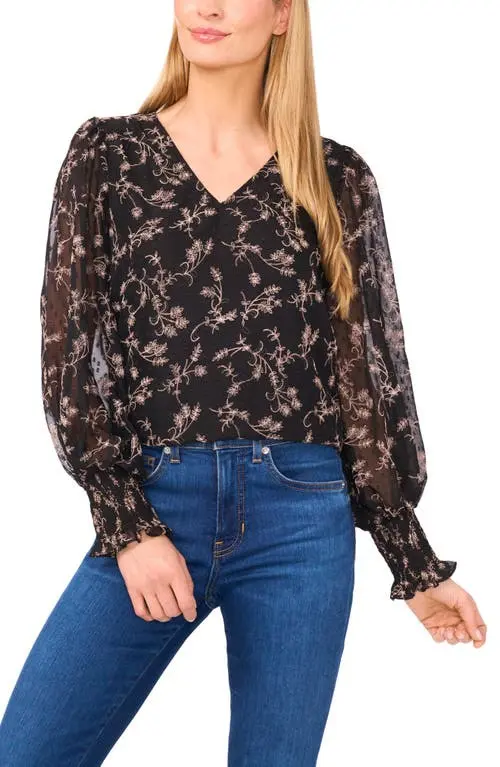 CECE DUPRAZ Floral Clip Dot Smocked Cuff V-neck Top