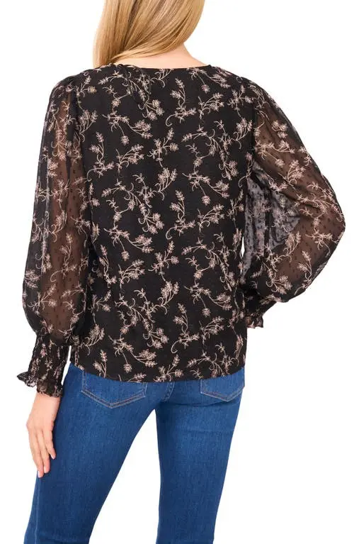 CECE DUPRAZ Floral Clip Dot Smocked Cuff V-neck Top