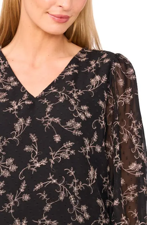 CECE DUPRAZ Floral Clip Dot Smocked Cuff V-neck Top