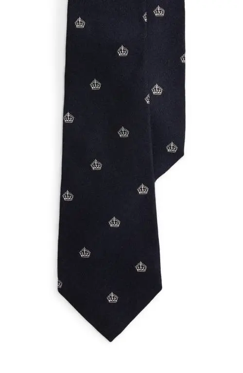 Ralph Lauren Purple Label Standard Crown Club Embroidered Silk And Cashmere Tie - Navy