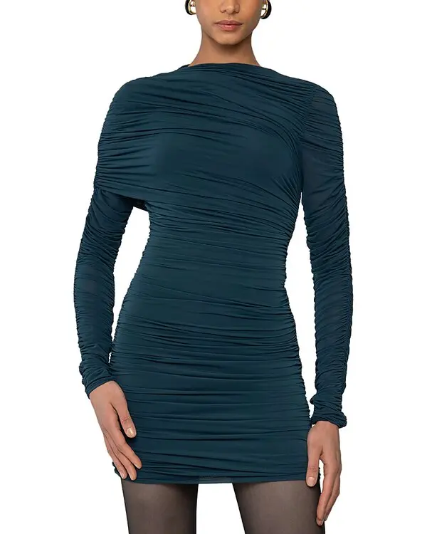 knot front bodycon dress Rachela Slinky Jersey Rose Detail Asymmetric Neck Ruched Mini Dress in Dark  Teal main image 0