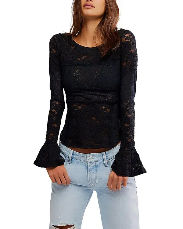 Free People Lace Long Sleeve Top - Black