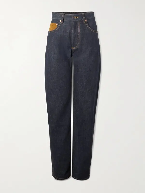 Bottega Veneta Intrecciato Suede-trimmed High-rise Straight-leg Jeans