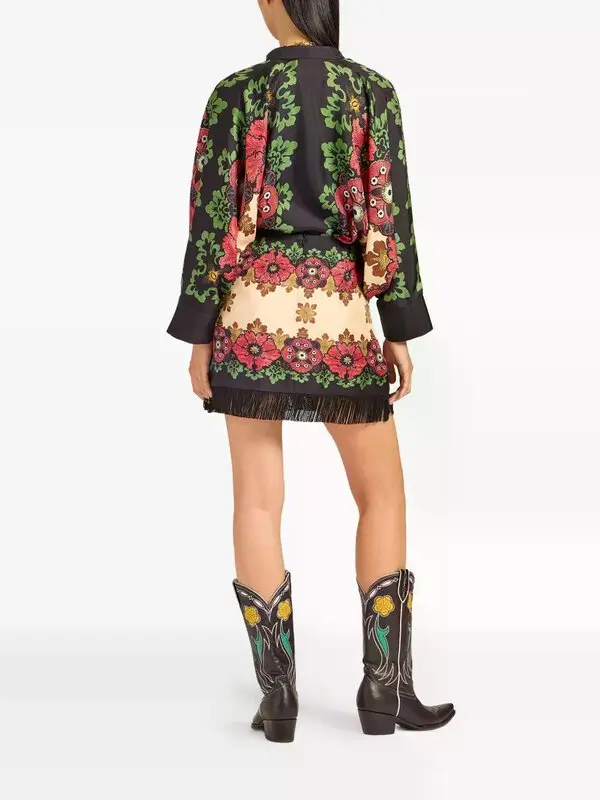 La DoubleJ Floral-print Fringed Mini Skirt - Black