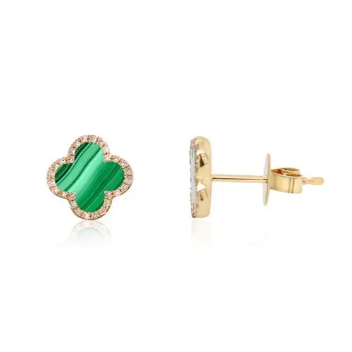 THE LOVERY Diamond Clover Stud Earrings - Malachite