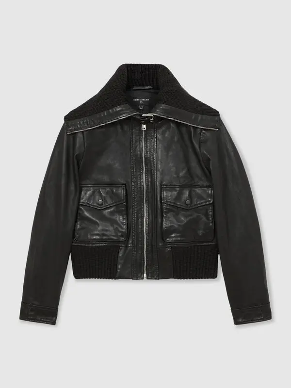 REISS Leather Rib-trim Jacket