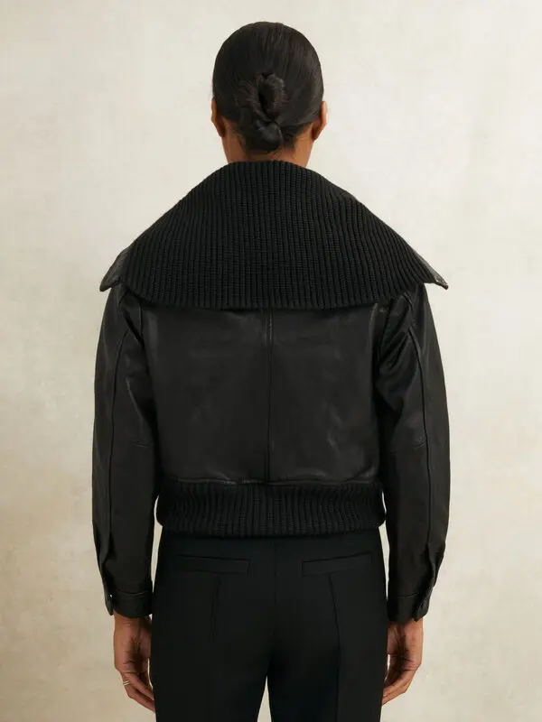 REISS Leather Rib-trim Jacket