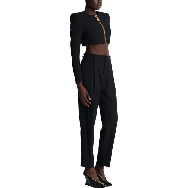 Balmain Cropped Jacket In Grain De Poudre Wool - Black