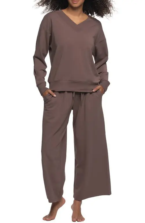 Felina Kimora Relaxed Fit Wide Leg Stretch Cotton Blend French Terry Pajamas - Deep Taupe