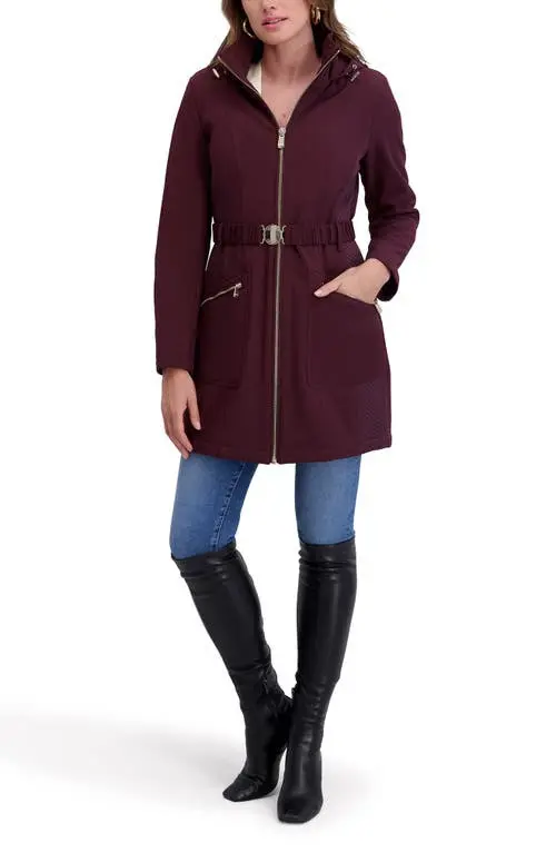Kensie Soft Shell Hooded Belted Zip-up Coat - Burgundy