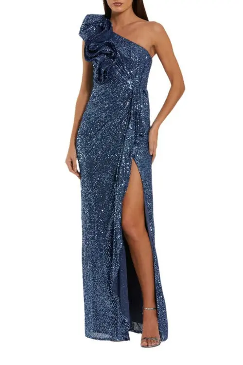 Mac Duggal Sequin One-shoulder Gown With Ruffle Detail