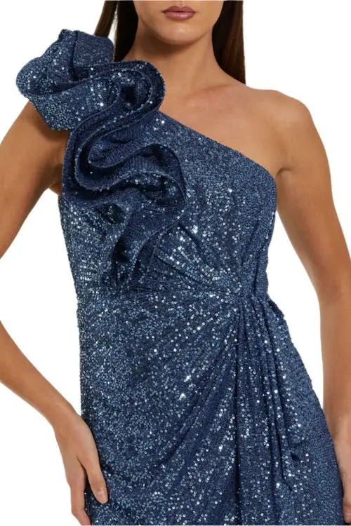 Mac Duggal Sequin One-shoulder Gown With Ruffle Detail - Ocean