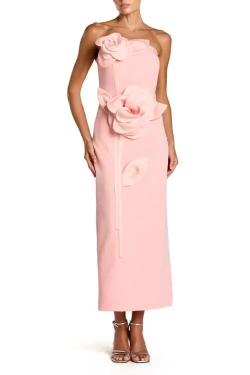 Mac Duggal Strapless Crepe Ankle Dress With 3d Floral Appliqués - Blush