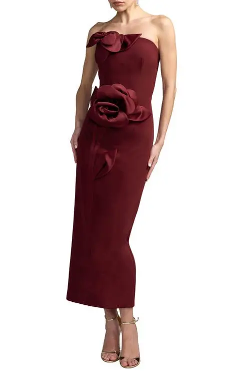Mac Duggal Strapless Crepe Ankle Dress With 3d Floral Appliqués - Wine