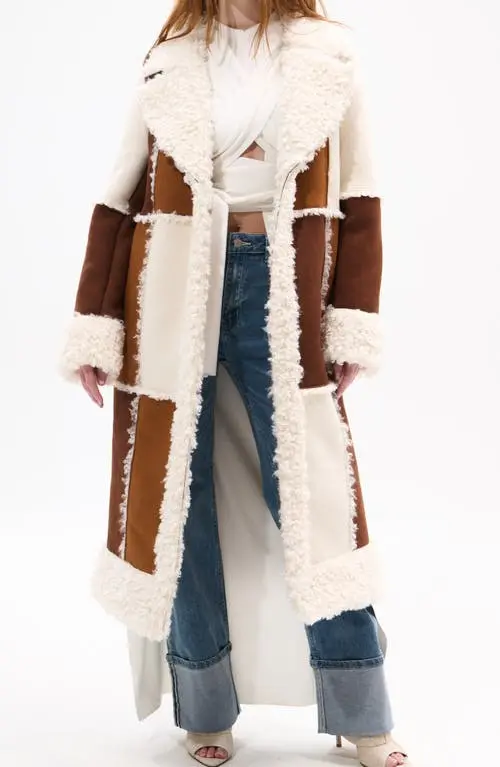 AZALEA WANG Longline Patchwork Coat With Faux Fur Collar - Brown Multi