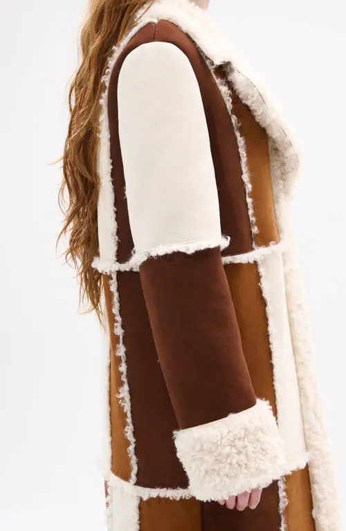 AZALEA WANG Longline Patchwork Coat With Faux Fur Collar