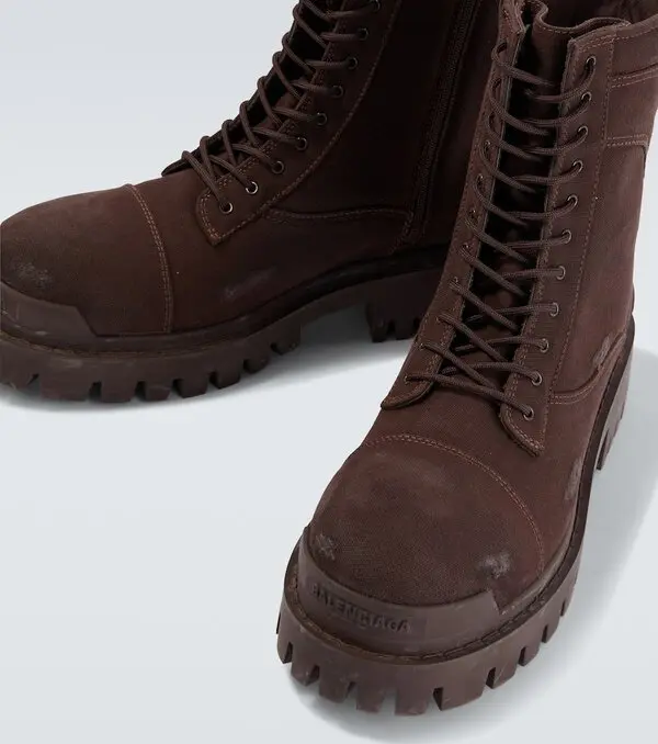 Balenciaga Strike Distressed Canvas Combat Boots - Brown