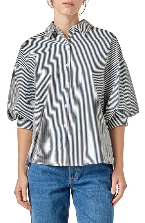 English Factory Striped Puff Sleeve Button-up Shirt - Navy