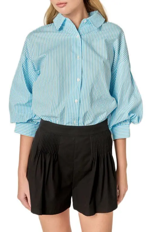 English Factory Striped Puff Sleeve Button-up Shirt - Powder Blue