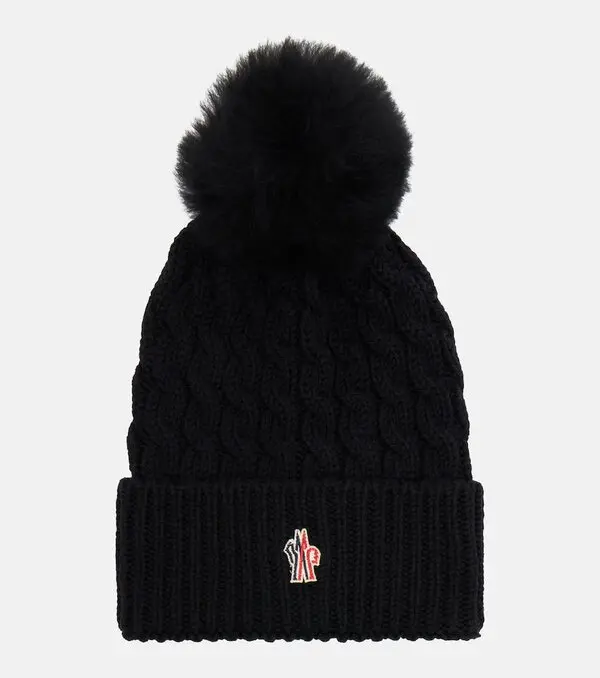 Moncler Logo Shearling-trimmed Virgin Wool Beanie - Black