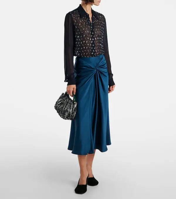 Dries Van Noten Gathered Satin Midi Skirt
