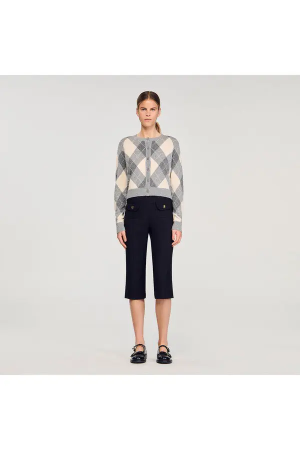 Sandro Argyle Pattern Cardigan - Black / White / Pink / Gray