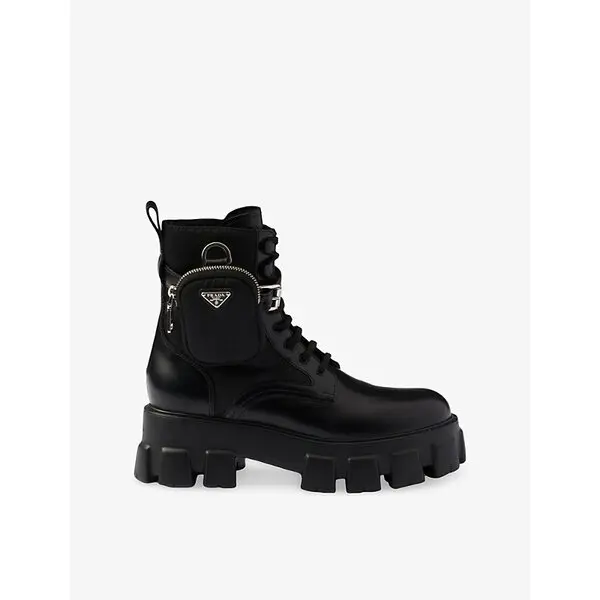 Prada Monolith Leather And Re-nylon Combat Boots With Pouch