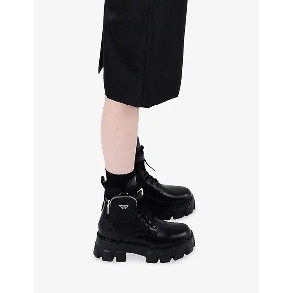 Prada Monolith Leather And Re-nylon Combat Boots With Pouch