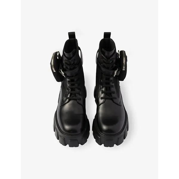 Prada Monolith Leather And Re-nylon Combat Boots With Pouch