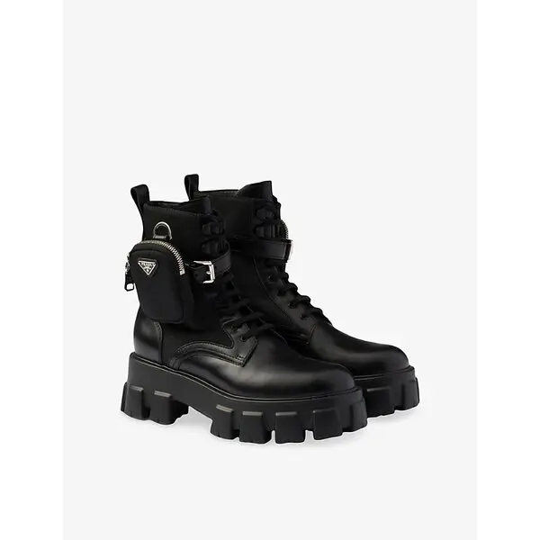 Prada Monolith Leather And Re-nylon Combat Boots With Pouch