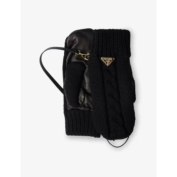 Prada Logo-embellished Wool And Leather Mittens - Black