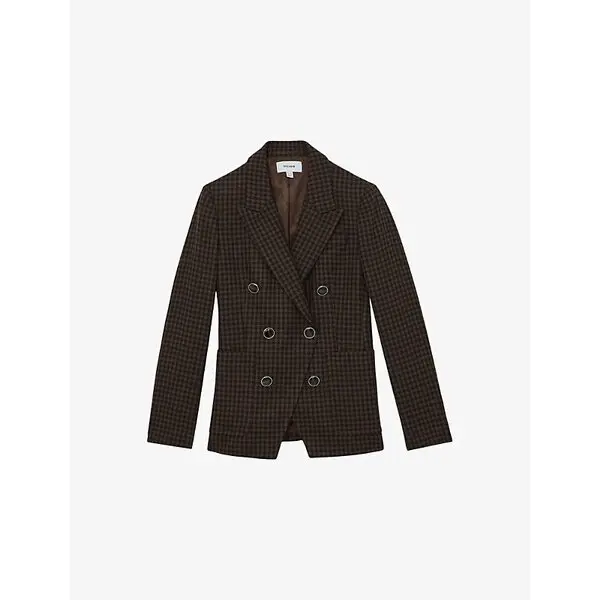 REISS Ayla Checked Double-breasted Wool-blend Blazer