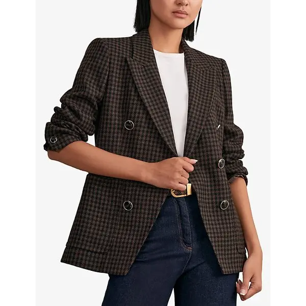 REISS Ayla Checked Double-breasted Wool-blend Blazer